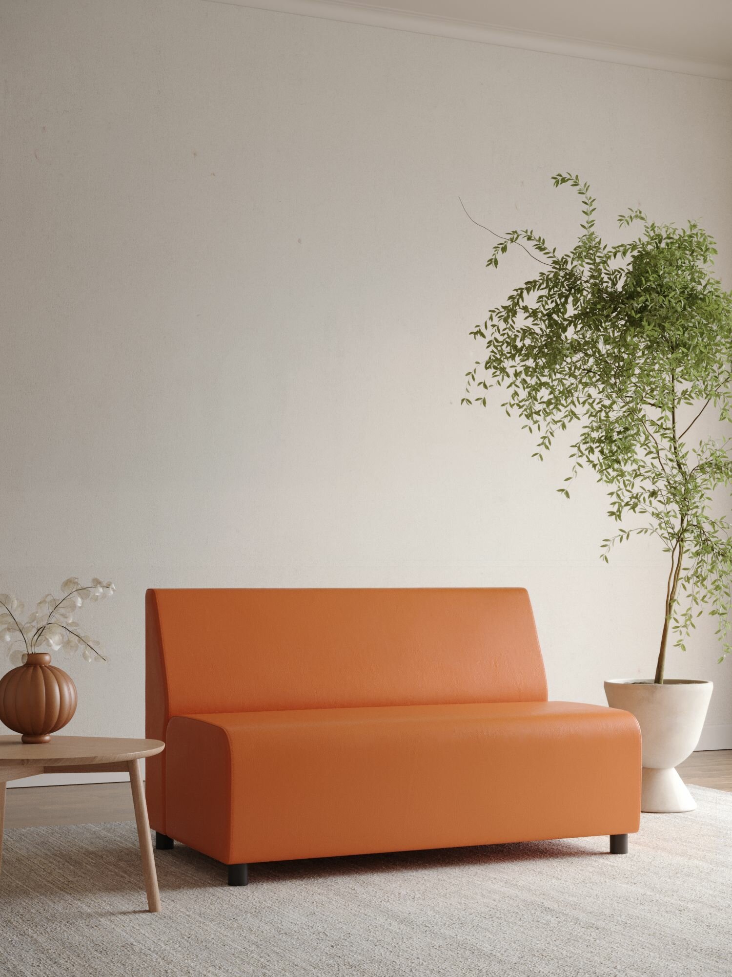 Диван прямой Альфа без подлокотников оранжевая кожа. Офис, дом, салон красоты, прихожая, гостиная, зона ожидания.