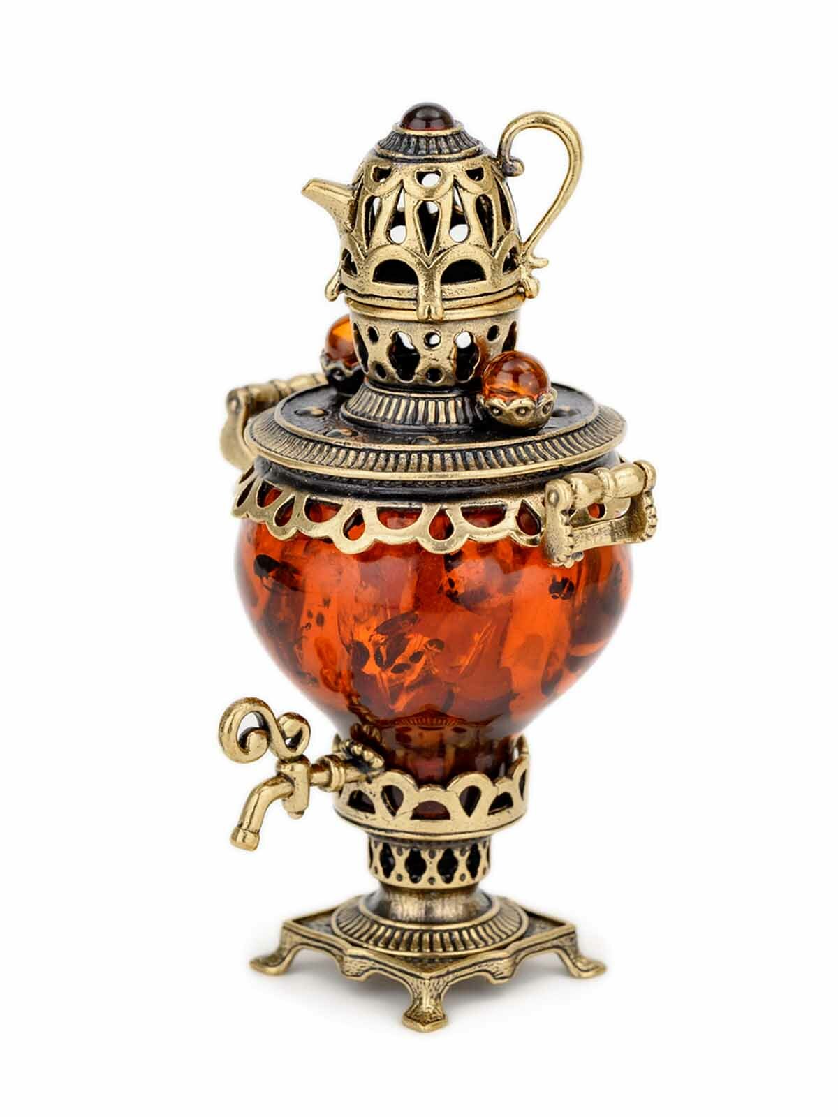 Сувенирная фигурка - Русский Самовар пузатый с чайником, Балтийский Янтарь, 10 см