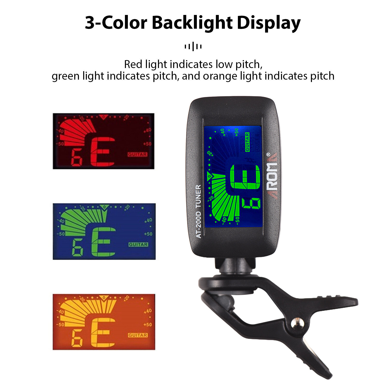 Гитарный тюнер AROMA Clip-On для хроматической гитары, баса, скрипки, укулеле, ЖК-дисплей с 3-цветной подсветкой, портативный гитарный тюнер со складным вращающимся зажимом, универсальные аксессуары для гитары