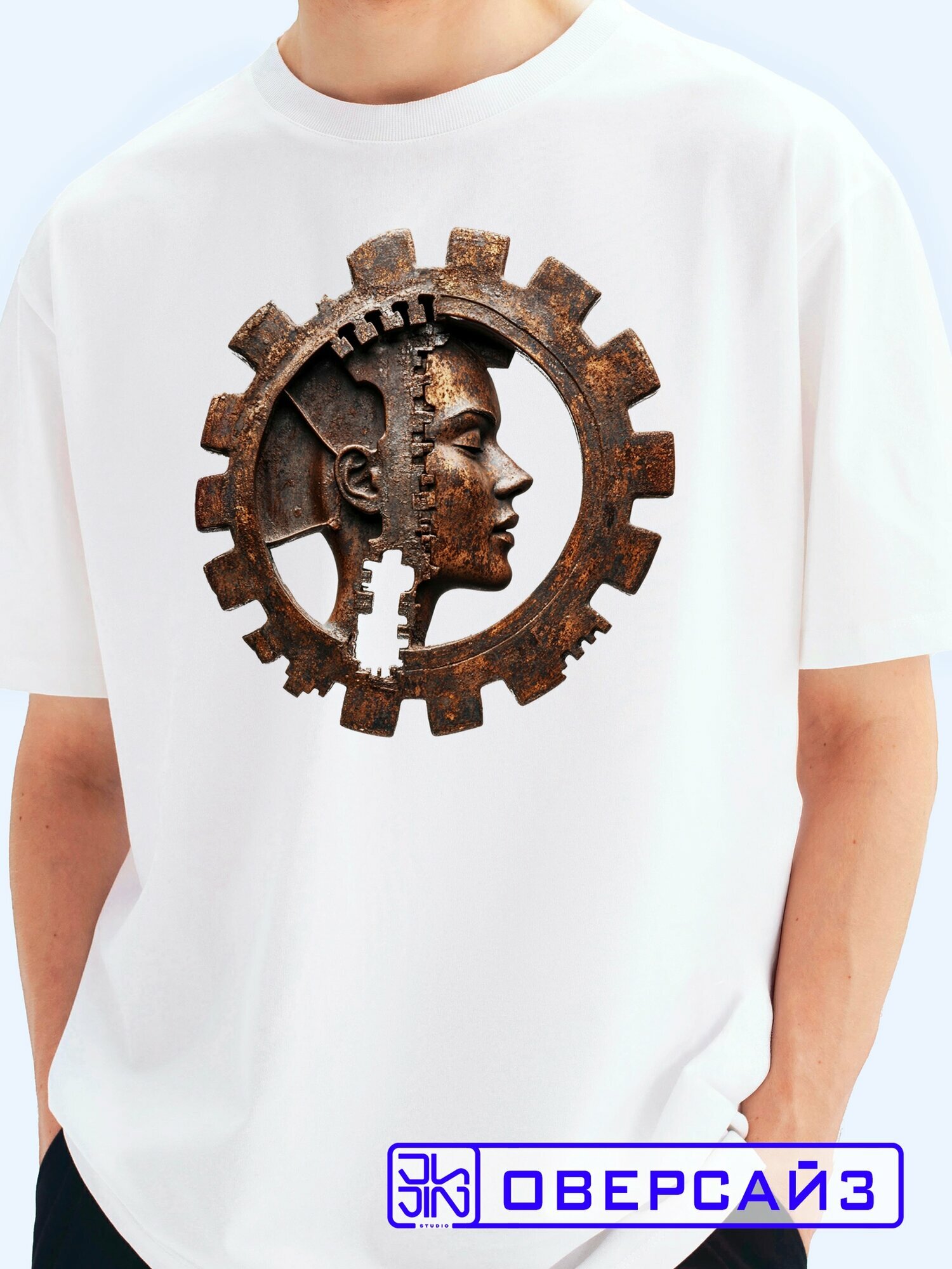 Футболка оверсайз мужская с принтом Женский профиль в ретро стиле, коричневая терракотовая шестерня механизма, белый хлопковый трикотаж с прикольным рисунком на груди