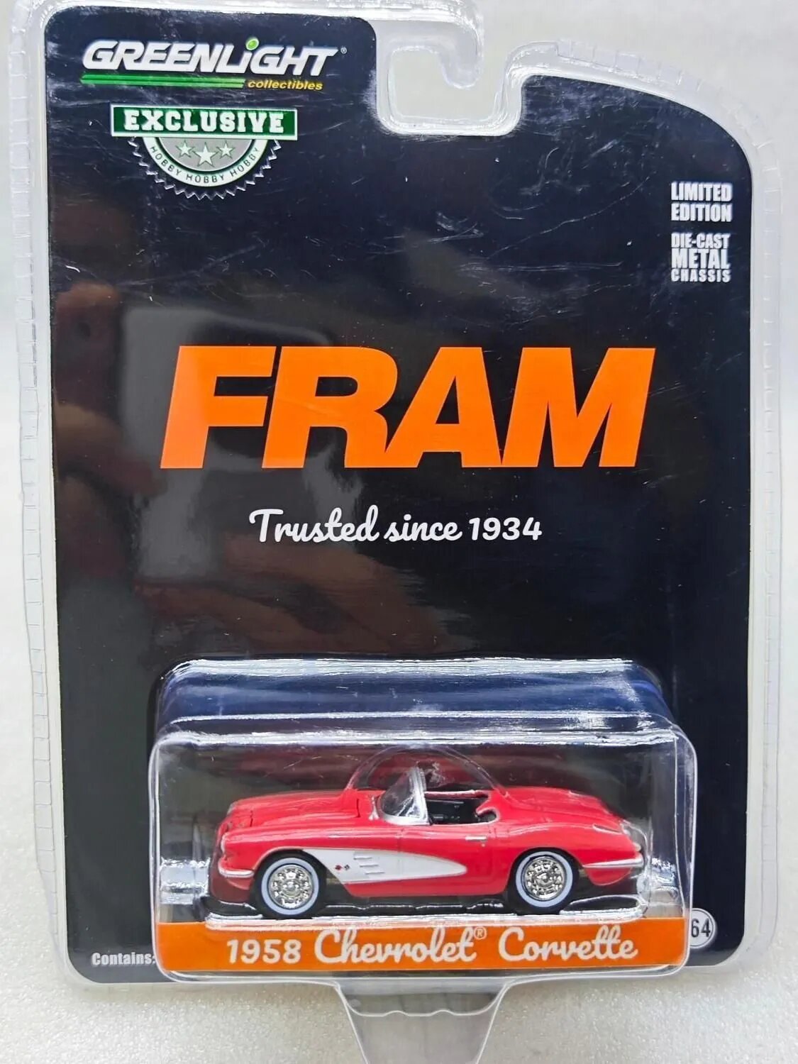Машинка GreenLight 1/64 1958 Chevrolet Corvette FRAM - Trusted Since 1934 Die-cast Alloy Car Model Collection Toy Gift