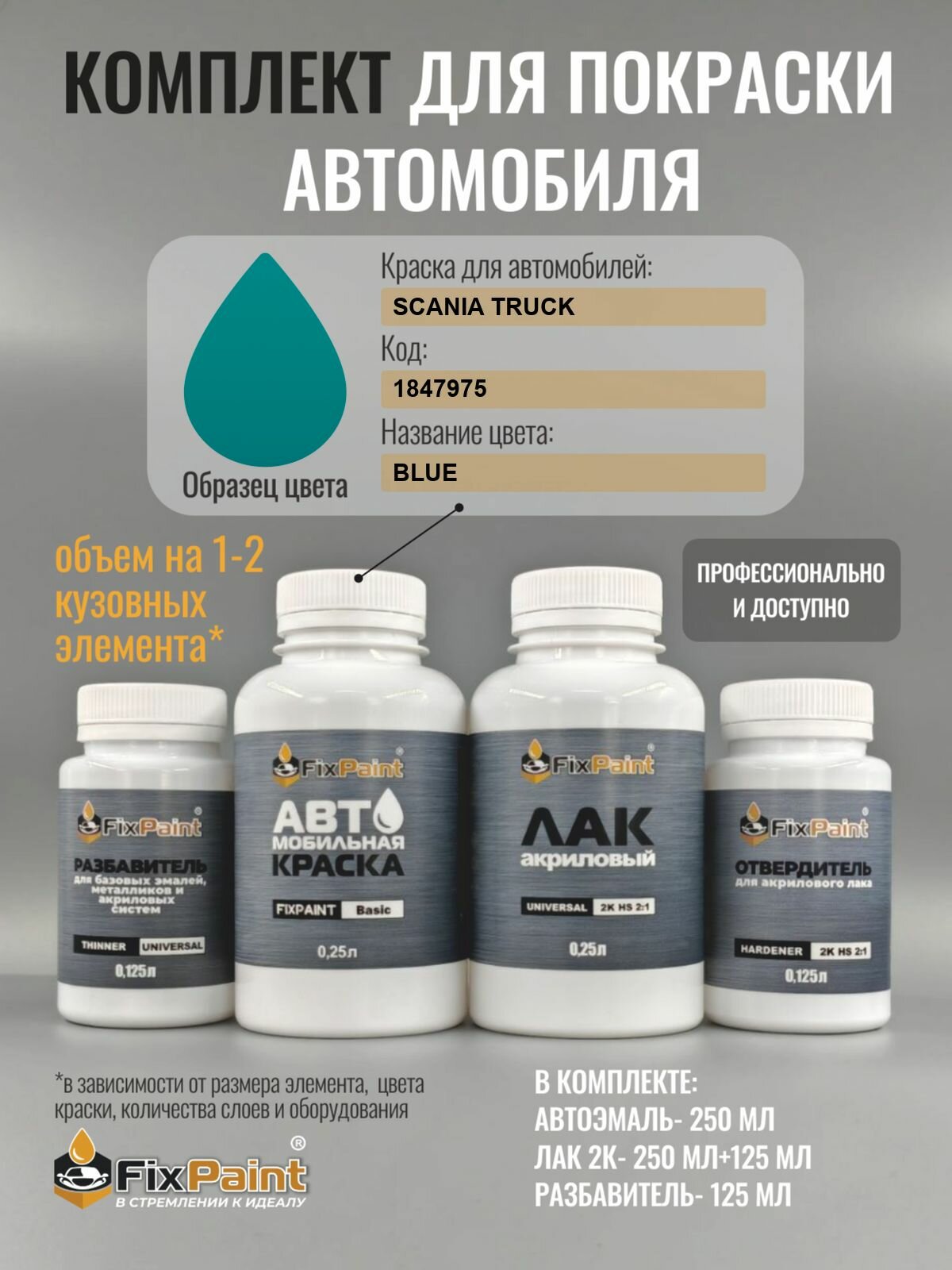 Комплект для покраски SCANIA TRUCK, код 1847975, BLUE, базовая автомобильная краска 250 мл, лак 2K 250 мл с отвердителем, разбавитель 125 мл, FixPaint Pro