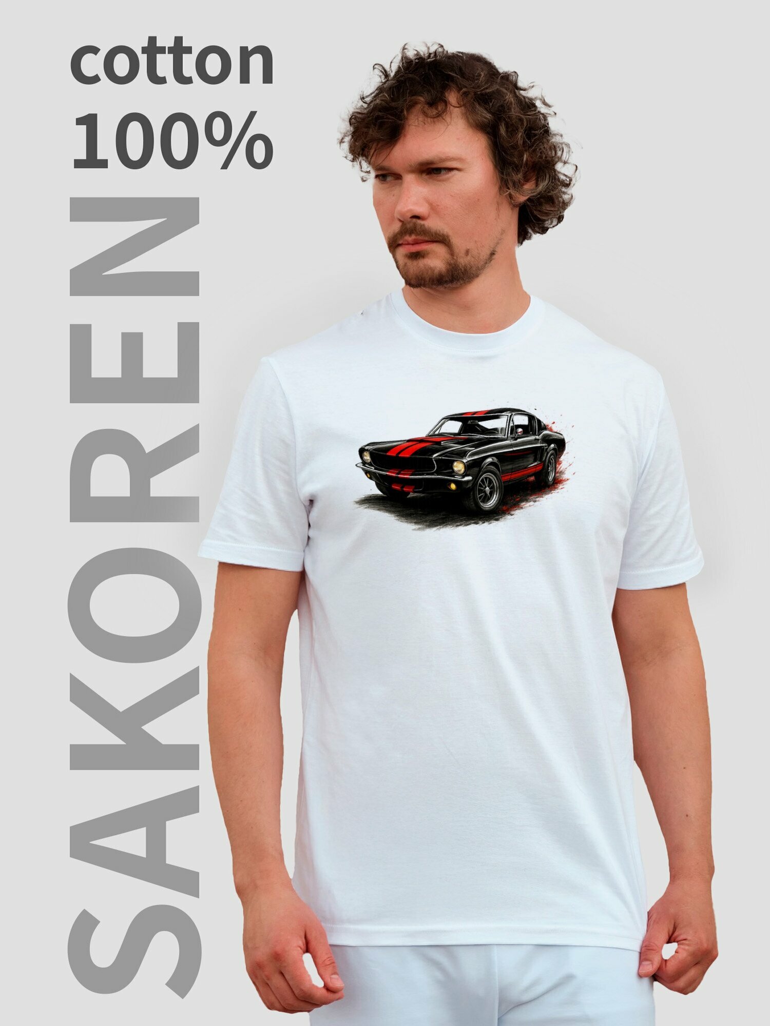 Футболка классическая мужская с авторским принтом Ретро черно-красный маслкар винтажный черный спортивный автомобиль, белый хлопковый трикотаж с прикольным рисунком на груди