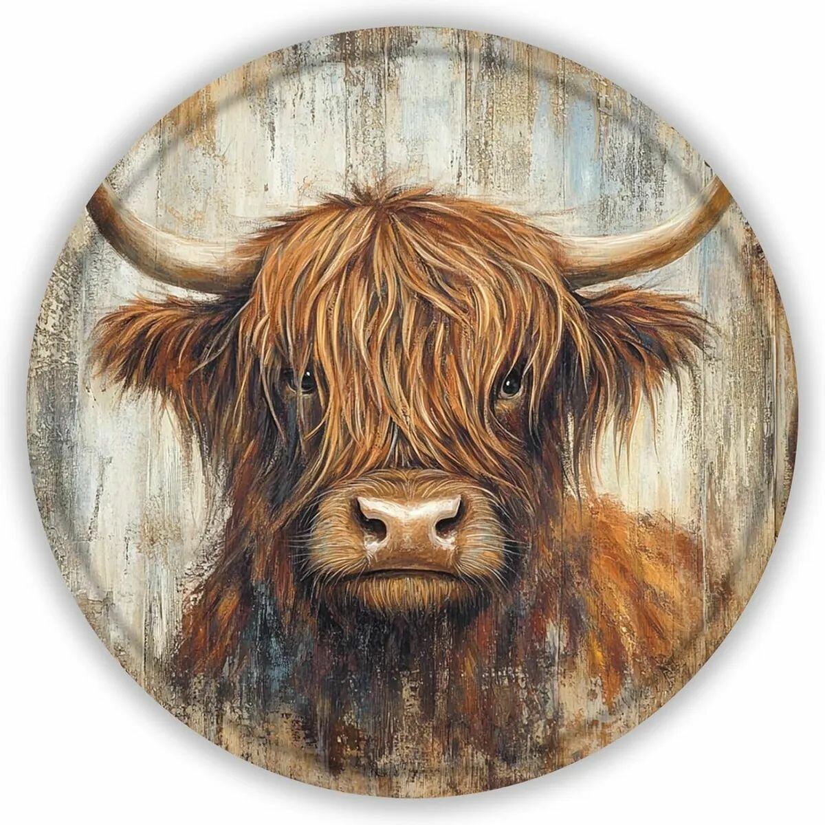 Круглый тин-сайн с высокогорной коровой, фэрмхаус-стиль, рюстик-декор, 20см