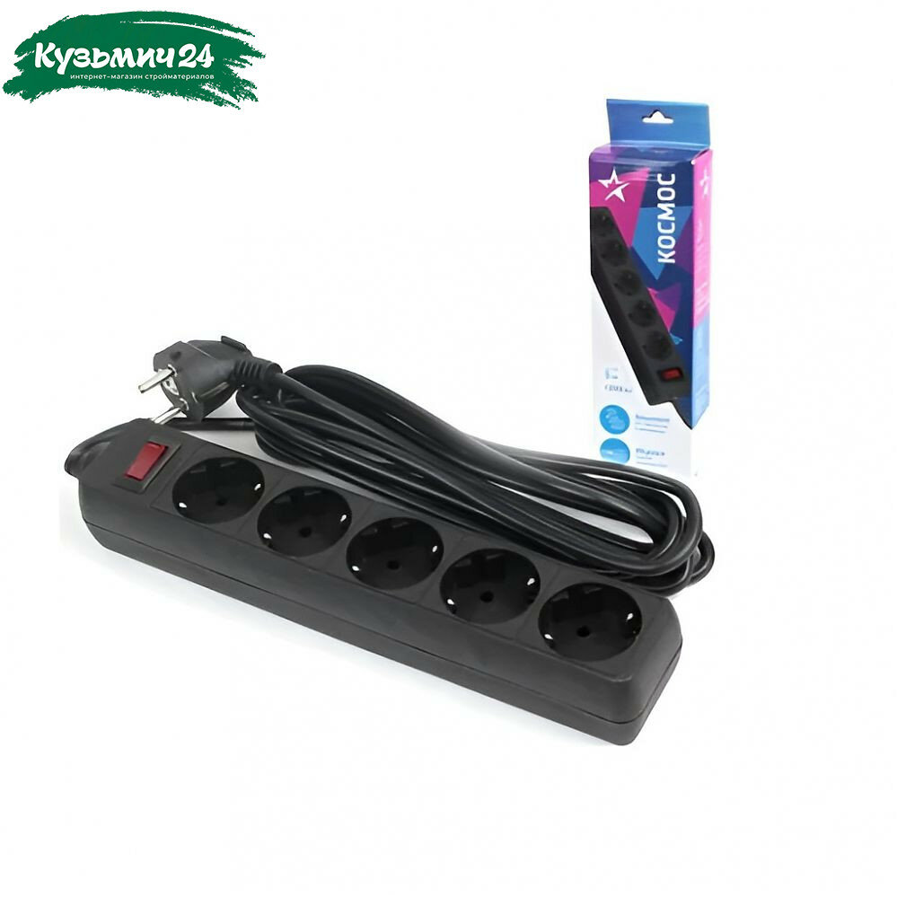 Фильтр сетевой Космос 472211 ПВС, с заземлением, 5 розеток, 5 м, черный, 2.2 кВт, 1 шт.