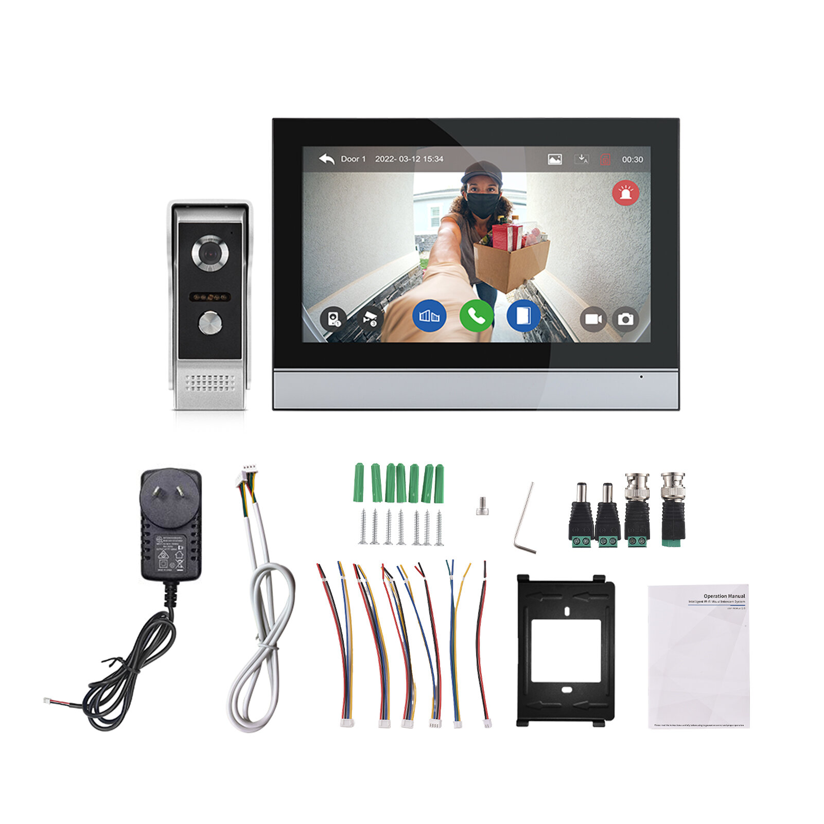 Беспроводная видеокамера дверного звонка 1080P с монитором TY APP WiFi 7-дюймовый сенсорный экран Комплекты камер для видеодомофона Двусторонний домофон Функция электронной фоторамки 8 языков для виллы, домашнего офиса, квартиры