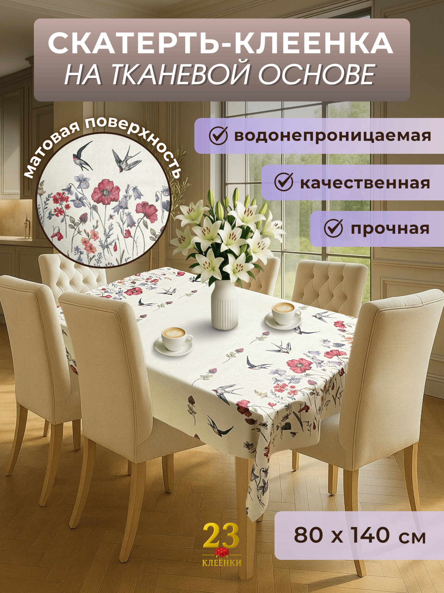 Клеенка на стол Луговые Цветы, Оксфорд, на ткани, ПВХ 80x140 см