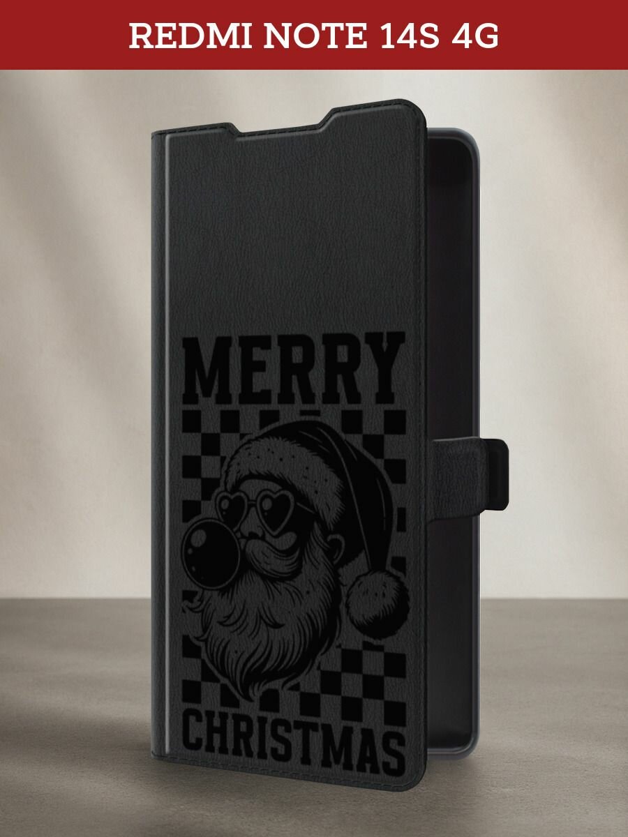 Чехол-книжка на Xiaomi Redmi Note 14S 4G / Редми Нот 14S 4G с рисунком Крутой санта, черный