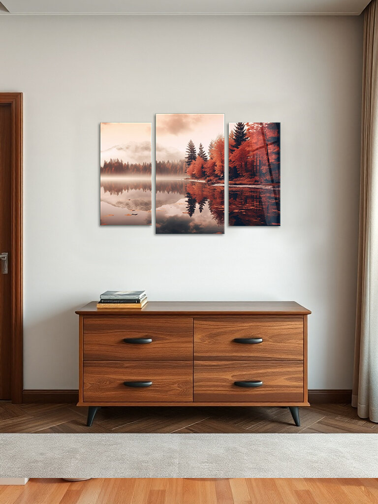 Картина модульная 100х70 см на стекле для интерьера/ Осень на озере , Diva Kartina