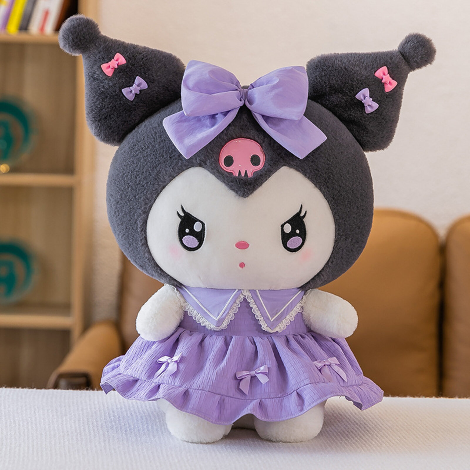 Игрушка плюшевая кукла Princess Kuromi подушка Melody для девочек, наполнение пухоподобным ватой ПП, размеры 35-50-65-80 см, материал пух кролик, функция подушка/подарок, трехмерная форма, большая лента, цветочный юбка