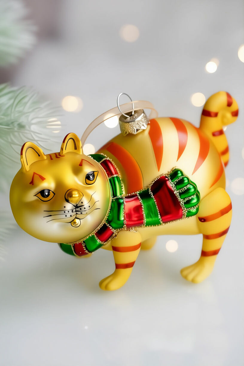 Ёлочная игрушка кошечка полосатая модница, стекло, 12 см, Винтер Деко (Winter Deco) 4060296