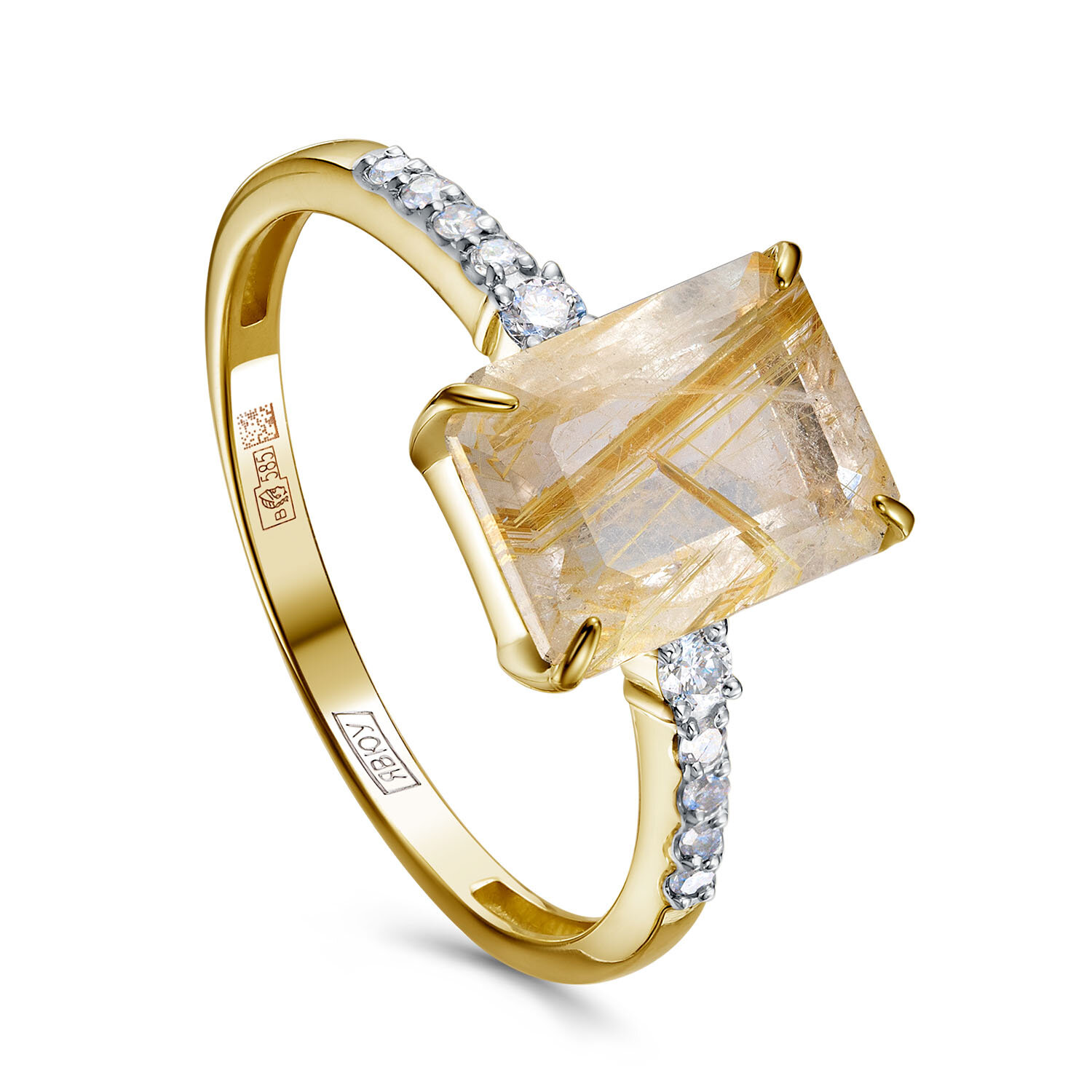 Кольцо, желтое золото, 585 проба, бриллиант, кварц