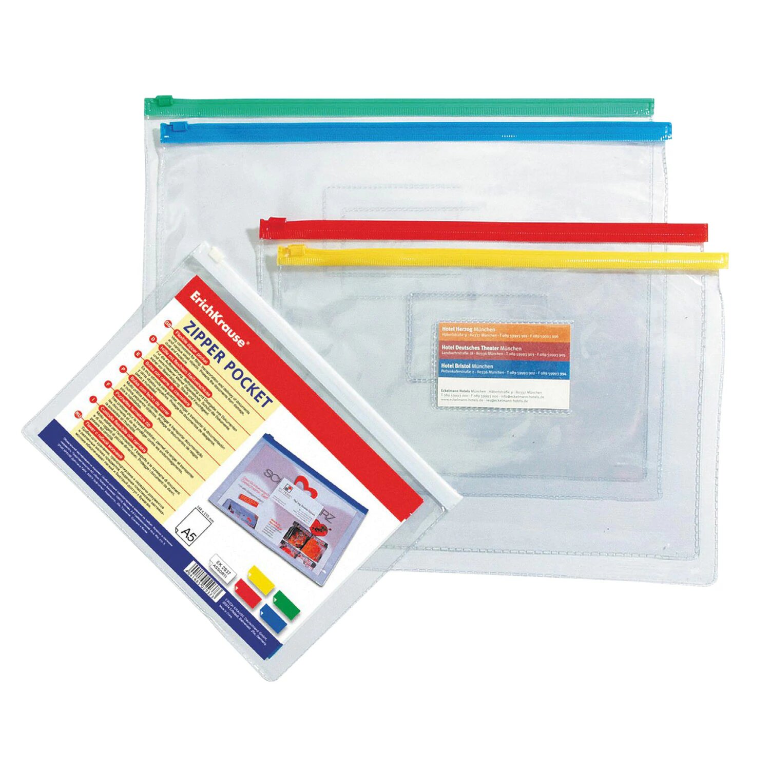 Папка-конверт на молнии ERICH KRAUSE А4 (334241 мм), карман для визиток, прозрачная, 0,14 мм, 2935, 6шт.