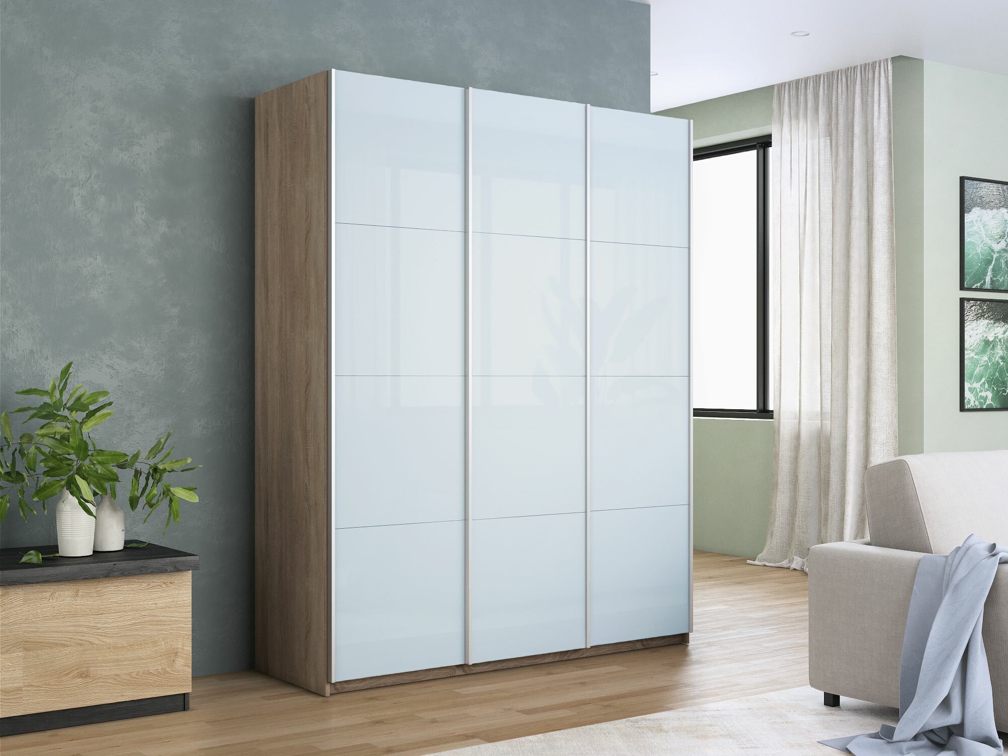 Шкаф-купе Билли 3-х дверный, (Стекло бел.) 210х57х230 см. Дуб Сонома