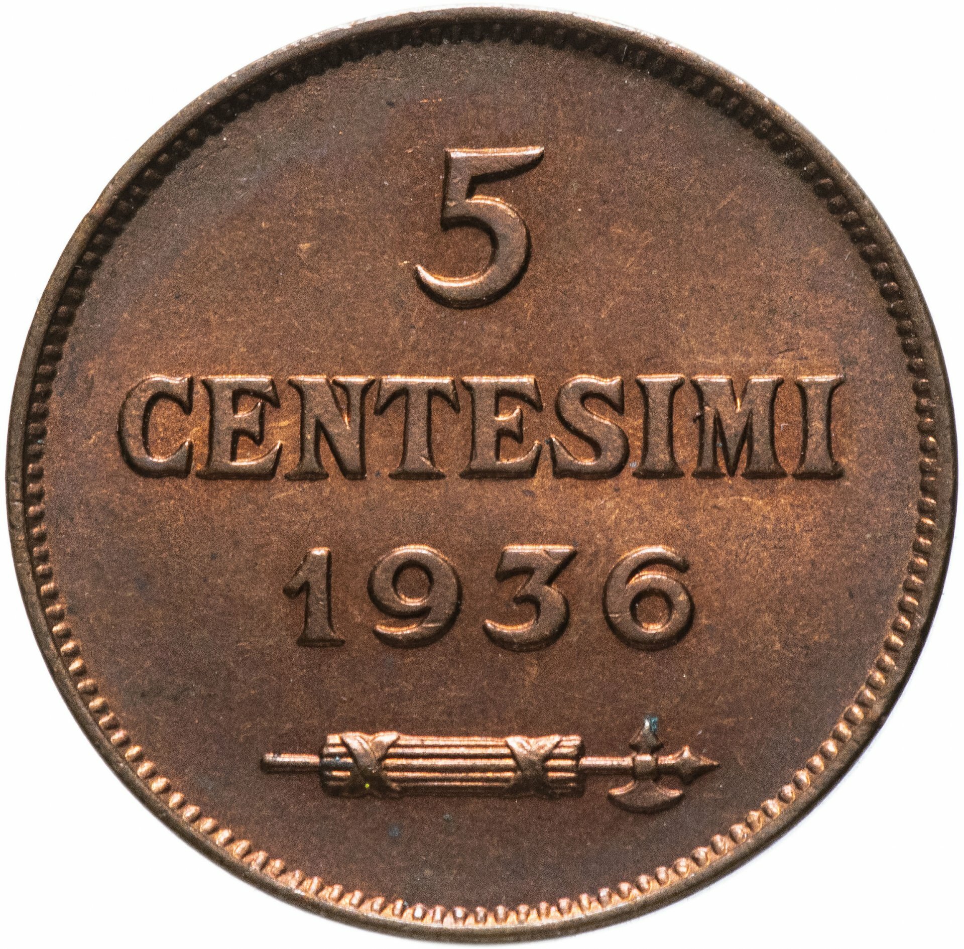 Сан-Марино 5 чентезимо 1936, Бронза, в сохранности VF-XF