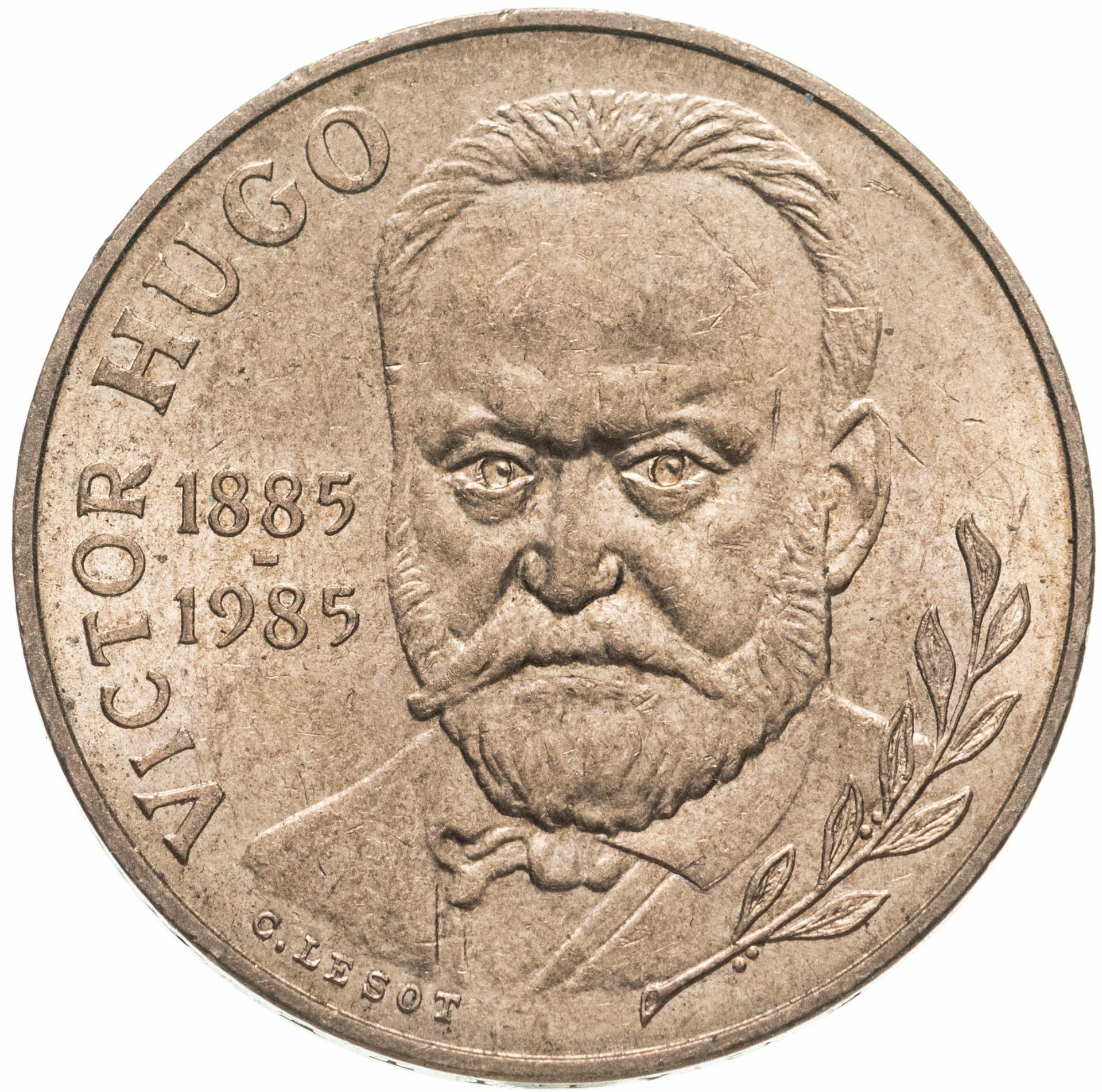 Франция 10 франков francs 1985 "100 лет со дня смерти Виктора Гюго", Латунь, в сохранности VF-XF