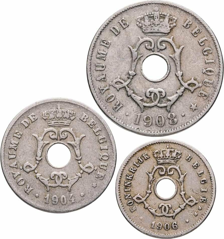 Бельгия набор 5, 10, 25 сантимов 1902-1909, Мельхиор медь-никель, в сохранности VF-XF