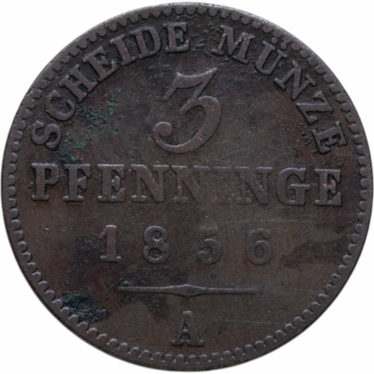 Пруссия 3 пфеннига 1856 A, Медь, в сохранности VF