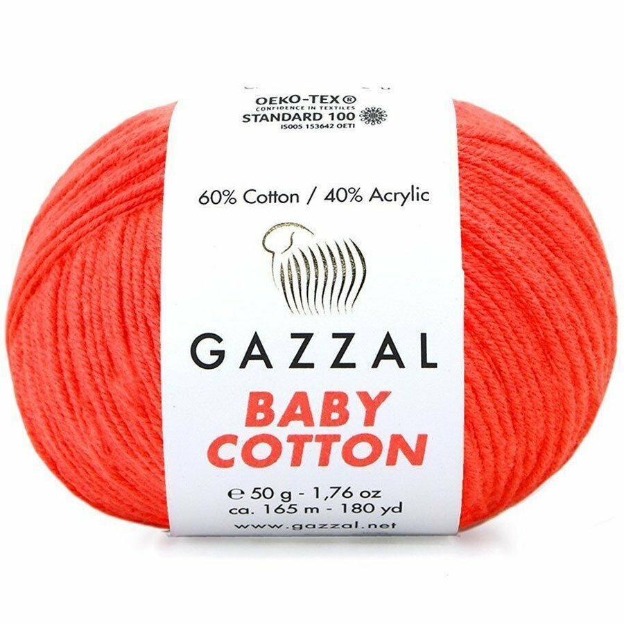 Пряжа Gazzal BABY COTTON 3459 ультра-оранжевый (5 мотков)