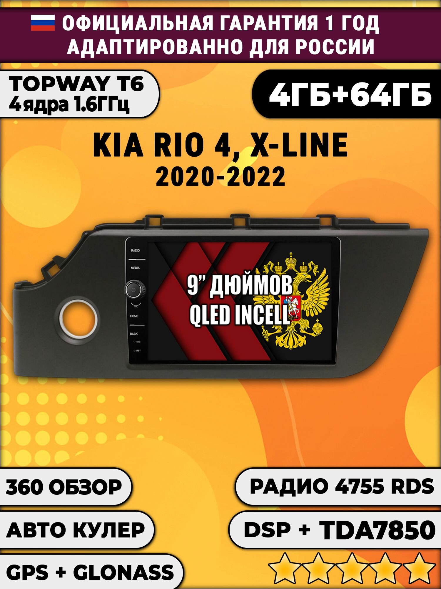 4гб+64гб с DSP и 360 для KIA RIO 4 / X-LINE (2020-2022), Android магнитола с DSP и усилителем TDA7850