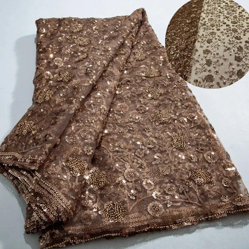 Коричневая кружевная ткань с пайетками Mesh Lace 5, 5 ярдов