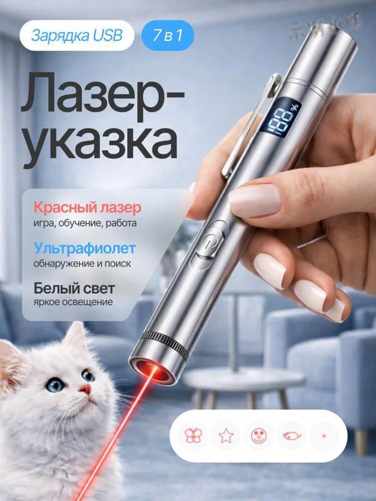 Лазерная указка 7в1 с LED экраном, игрушка-дразнилка для кошки со светодиодным фонариком и ультрафиолетом. Руч 1