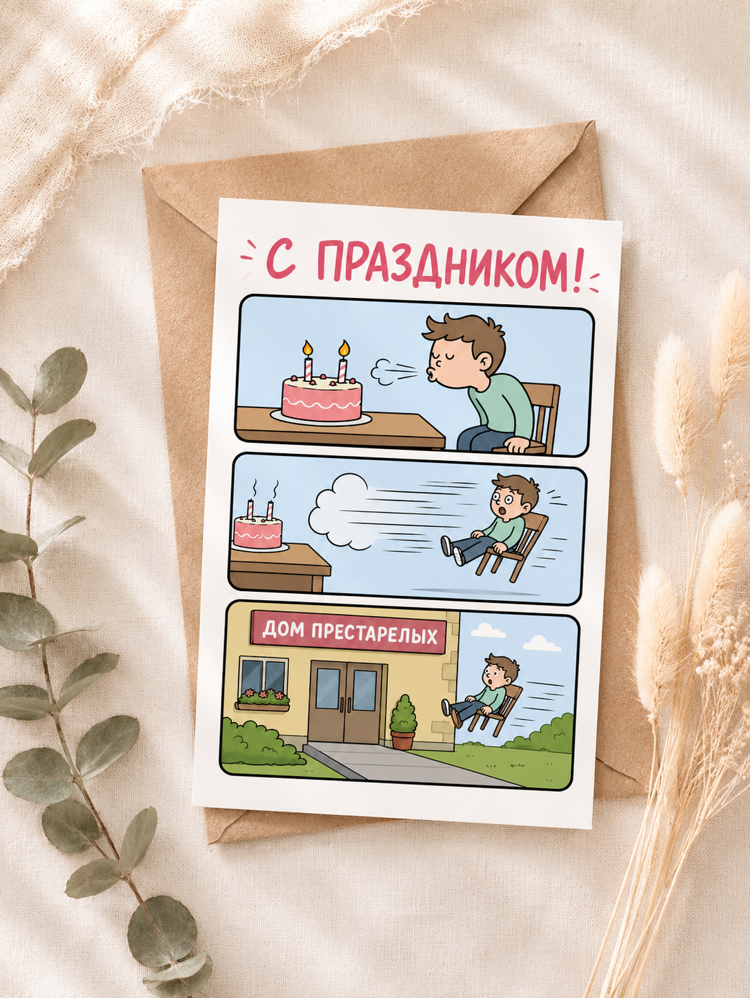 Открытка «С праздником!» с мемным комиксом, 10×15 см, с крафт-конвертом