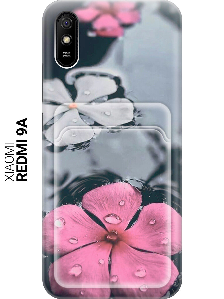 Чехол с карманом для карт на Xiaomi Redmi 9A, Сяоми Редми 9А с принтом "Фиалки в воде"