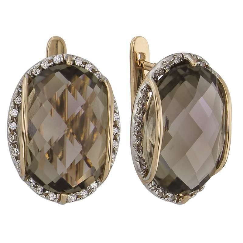 Серьги, красное золото, 585 проба, раухтопаз