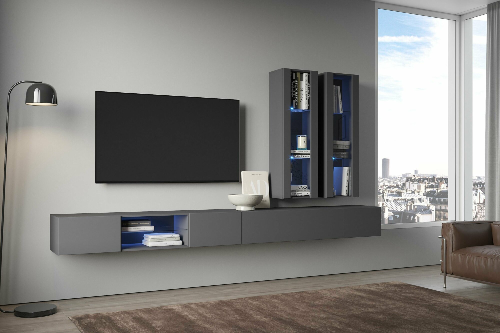 Стенка для гостиной, модульная гостиная, тв тумба подвесная POINT-301331212SG, Серый Графит, 320х150х40 см. (ШхВхГ)