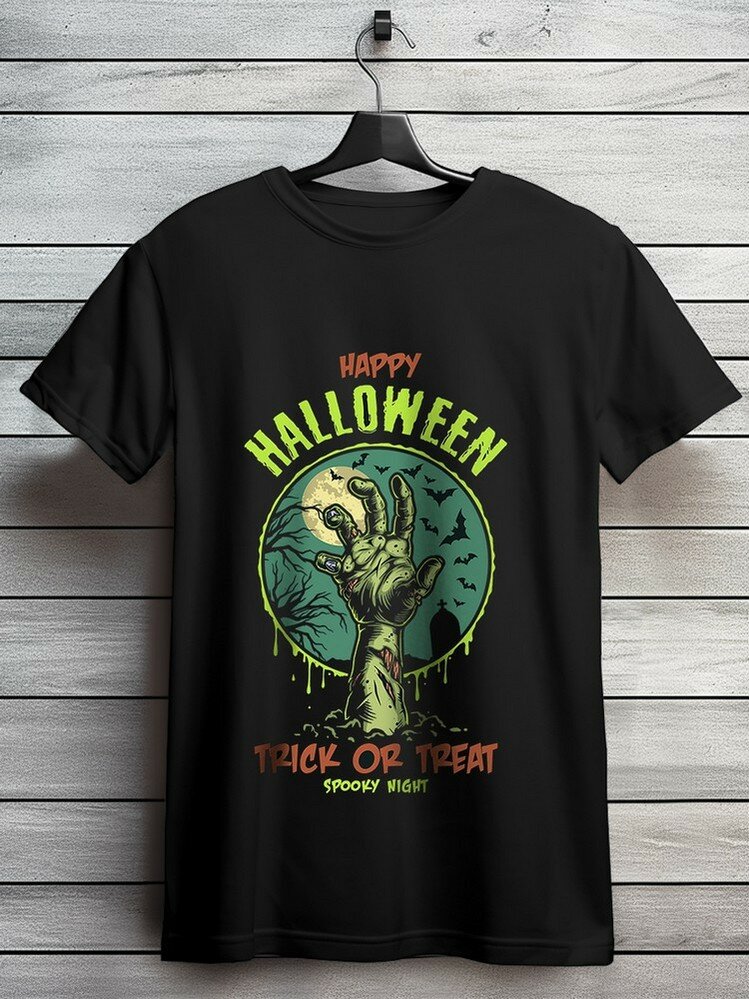 Футболка Футболка унисекс черная из хлопка с DTF принтом хеллоуин зомби ( кости, Helloween, конфеты, хоррор) - 8434