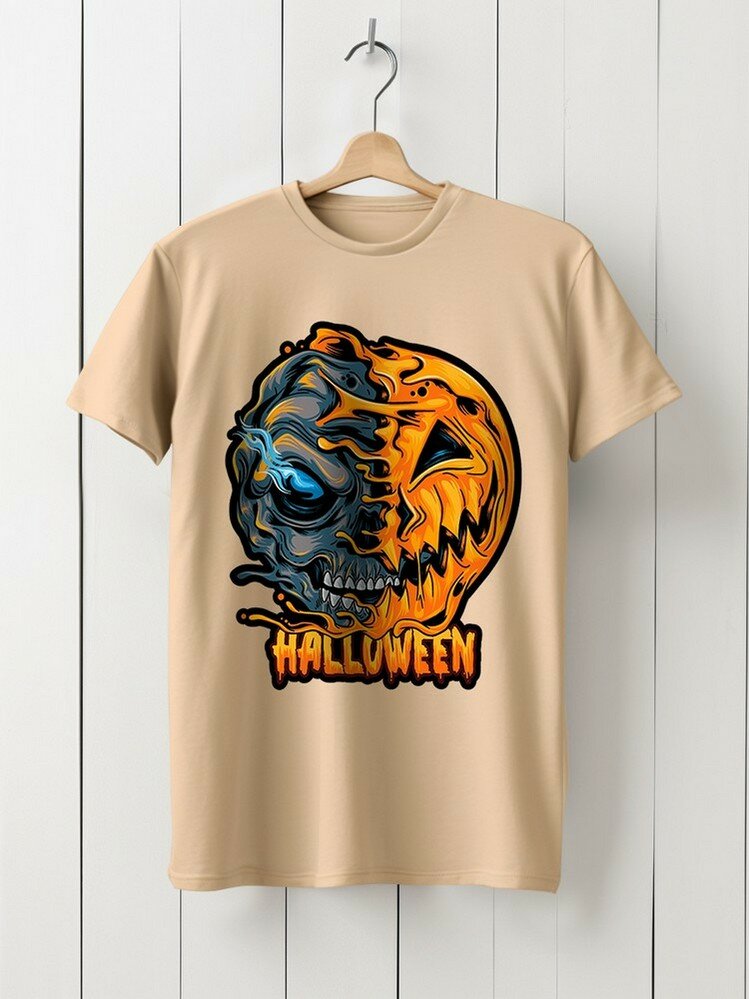 Футболка Футболка унисекс бежевая из хлопка с DTF принтом Хеллоуин Тыквоголовый (Рэтро плакат, винтаж, осень, подарок, Helloween) - 9433