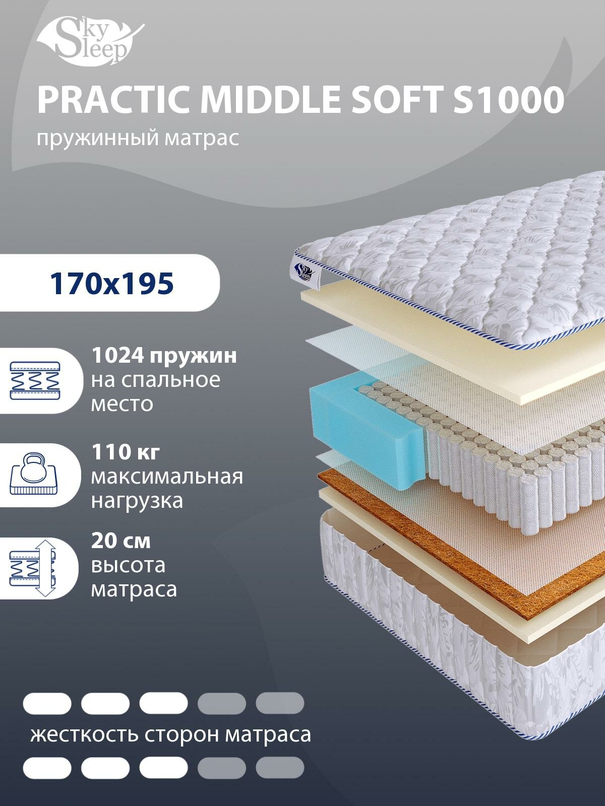 Ортопедический матрас SkySleep PRACTIC MIDDLE SOFT S1000 на независимом пружинном блоке для кровати тахты 170x195