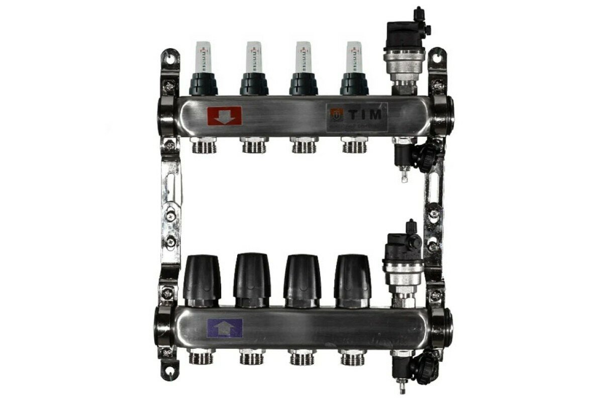 Коллектор с расходомерами, из нержавеющей стали, 1", 4 выхода, автовоздухоотводчик, сливной кран TIM KCS5004
