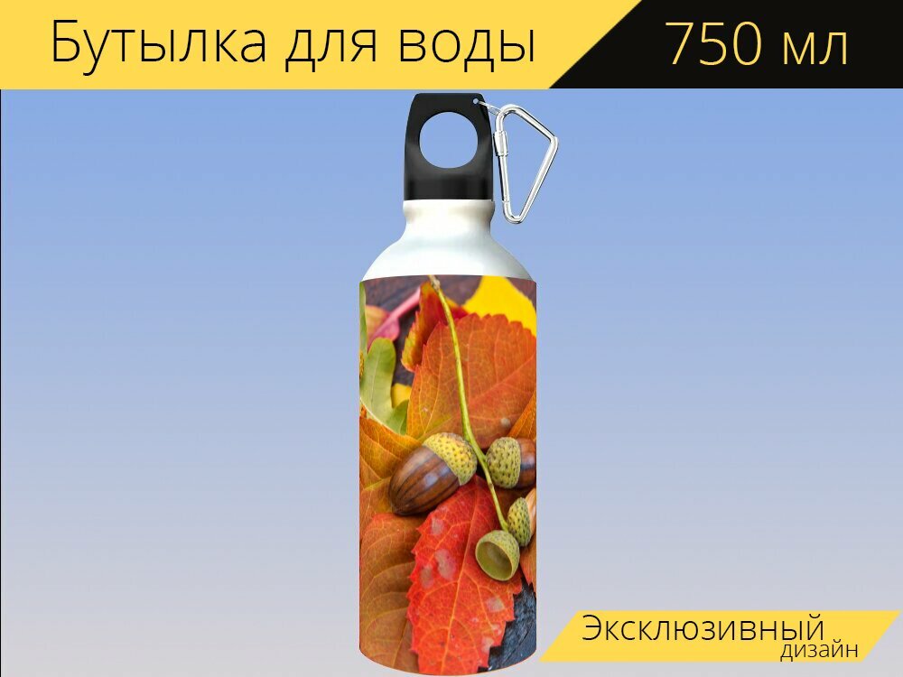 Бутылка фляга для воды "Желуди, дубовые орехи, листья" 750 мл. с карабином и принтом