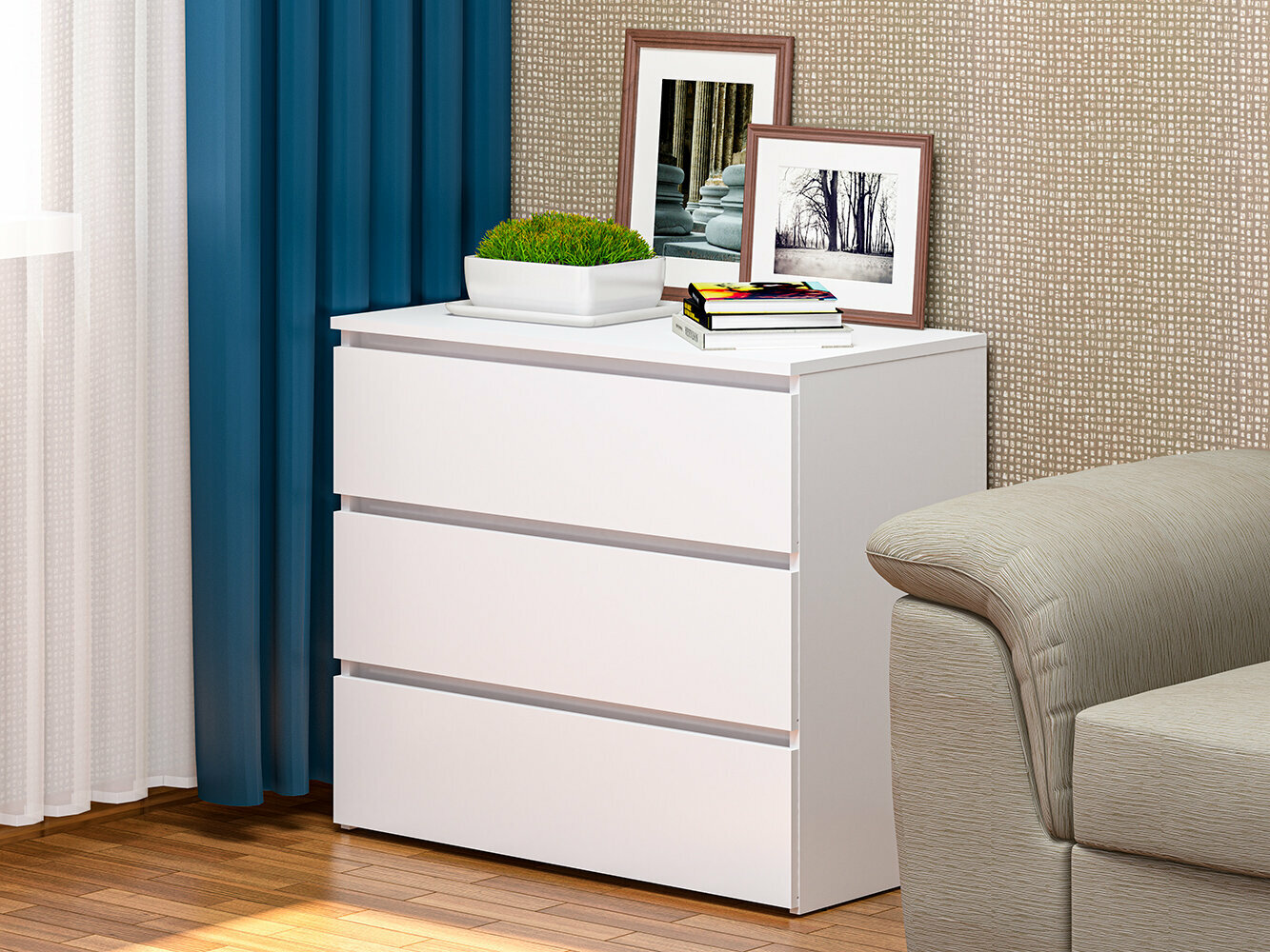 Комод МК "Пирамида" К-25, 3 ящика, цвет белый, матовый, с ножками, 70х80х42см
