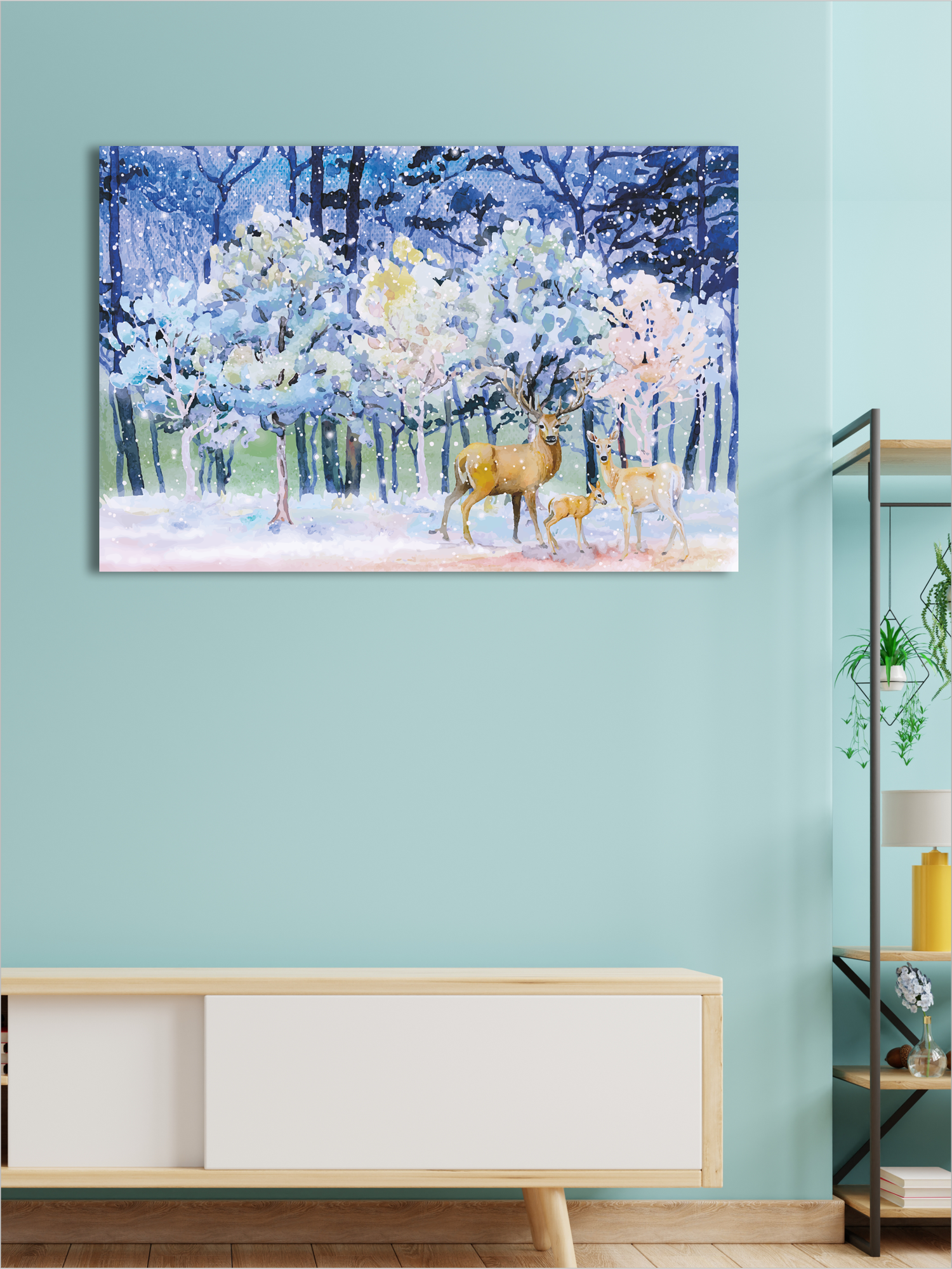 Картина для интерьера на стену пейзаж. Олени в голубом снежном лесу 50х70 см на холсте на подрамнике