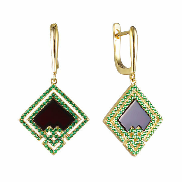 Серьги с подвесками, серебро, 925 проба, оникс, фианит