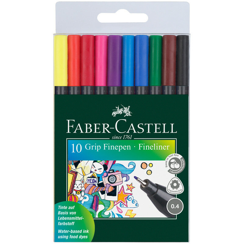 Набор капиллярных ручек Faber-Castell "Grip Finepen" 10цв, 0,4мм, трехгранные, пластик. уп, европодвес, 286043