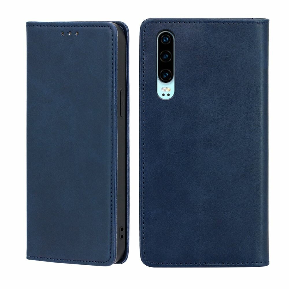Чехол-книжка MyPads для Huawei P30 / Хуавей P30, Телячья кожа, закрывающаяся на магнит, синий