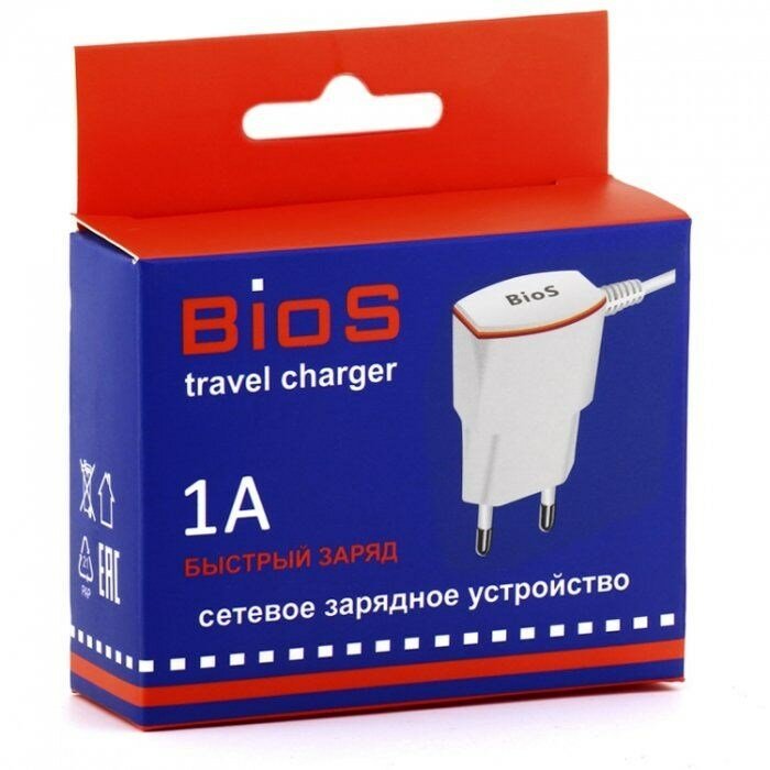 Зарядное устройство 220V -> microUSB(M) BioS, 1м, 1000mA, белое