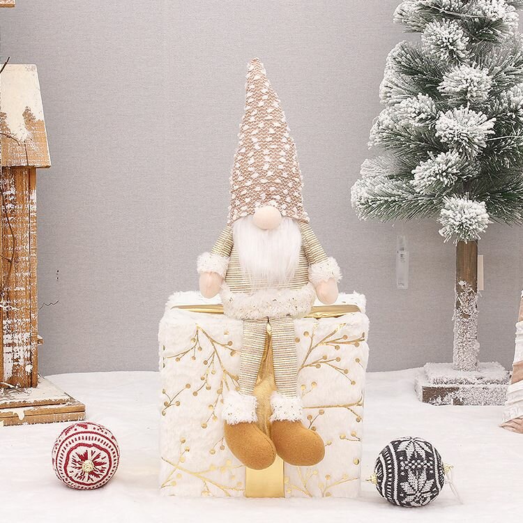 Новогоднее украшение для дома 2025, гном новогодний бежевый с бородой сидит, с ногами 53 см