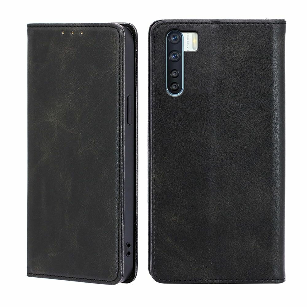 Чехол-книжка MyPads для Oppo A91 / Reno 3 / Оппо А91/Рено 3, Телячья кожа, закрывающаяся на магнит, черный
