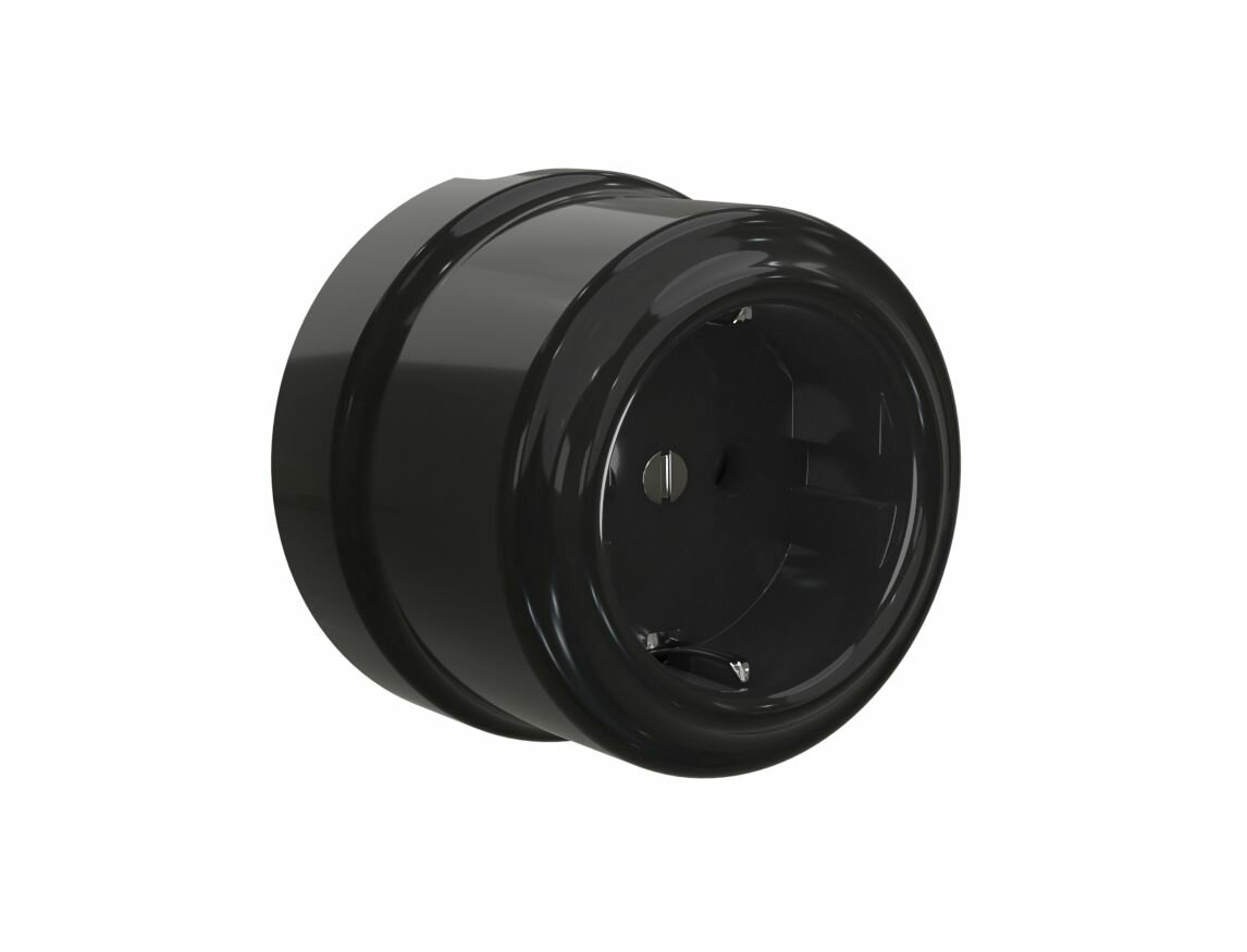 Ретро розетка фарфоровая (керамическая) электрическая с заземляющим контактом, цвет черный, серия "аврора"