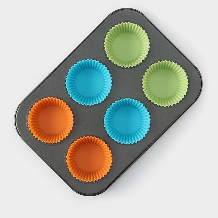 Форма для выпечки «Силикон плюс», 26×18 см, 6 ячеек, силиконовые вкладки, антипригарное покрытие, цвет формочек микс
