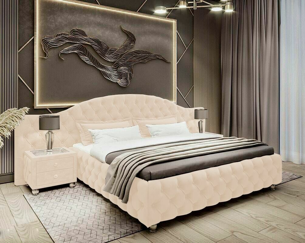 Двуспальная кровать 160x200, Letto King Size, с мягким изголовьем, с ящиком, велюр, слоновая кость