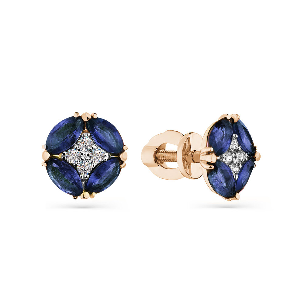 Серьги, красное золото, 585 проба, бриллиант, сапфир