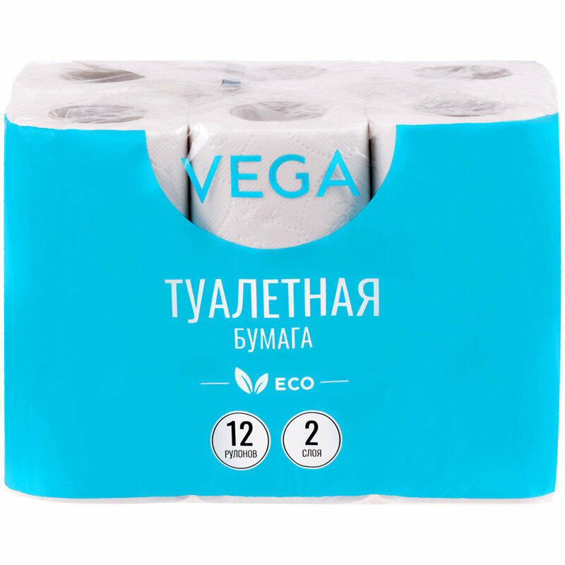 Бумага туалетная Vega 2-слойная, 12 шт рулонов в упаковке, эко, 15 метров, тиснение, белая 315617