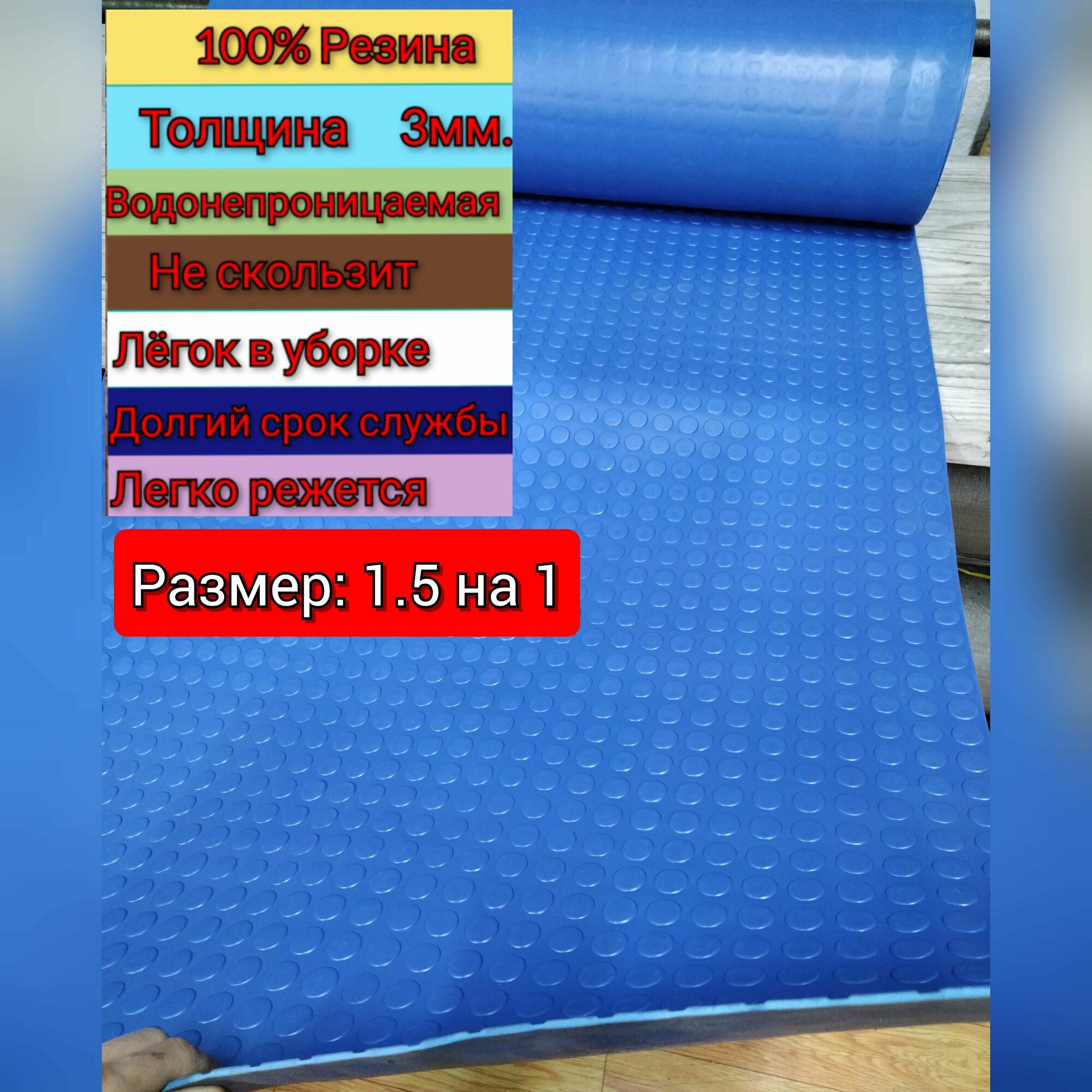 Резиновое покрытие напольное в рулоне 1.5 х 1 (Монета, цвет синий) Резиновая дорожка для авто, гаража, ступень, для лифта