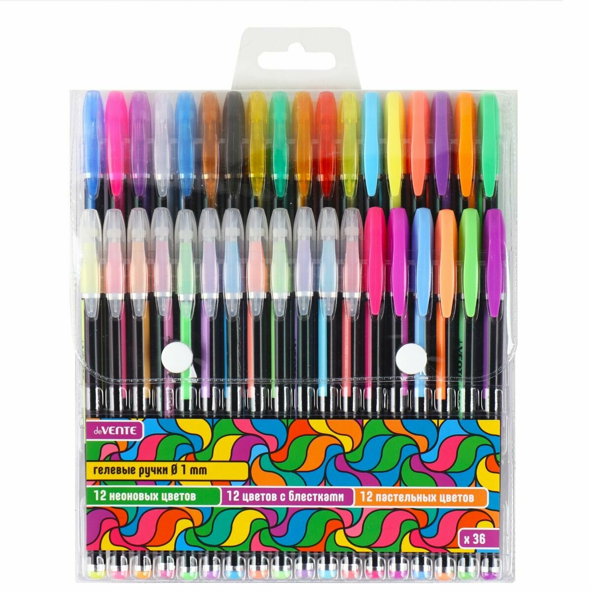 Набор ручек гелевых 36 цв. "deVENTE. Neon Black" d1 мм, черный корпус с цветными полосами,